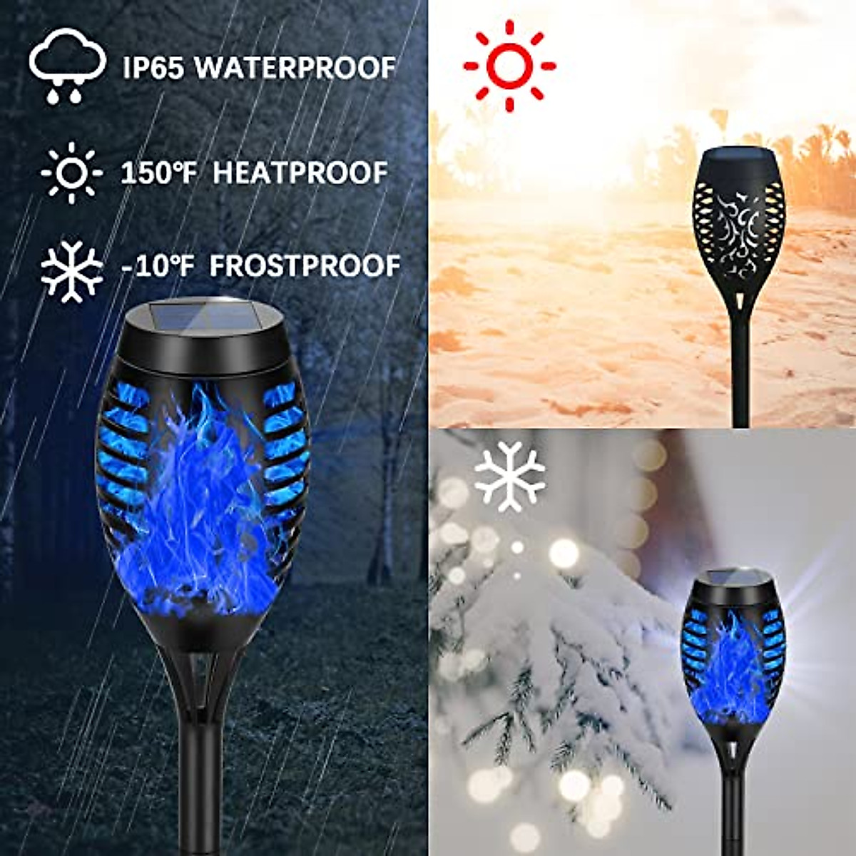 AOUNQ Solar Lights Outdoor Waterproof Blue, Upgraded 4 Pack Solar Torch Lights with Flickering Flame, Mini Solar Outdoor Garden Lights Tiki Torches for Outside Patio Yard Pathway Christmas Decor