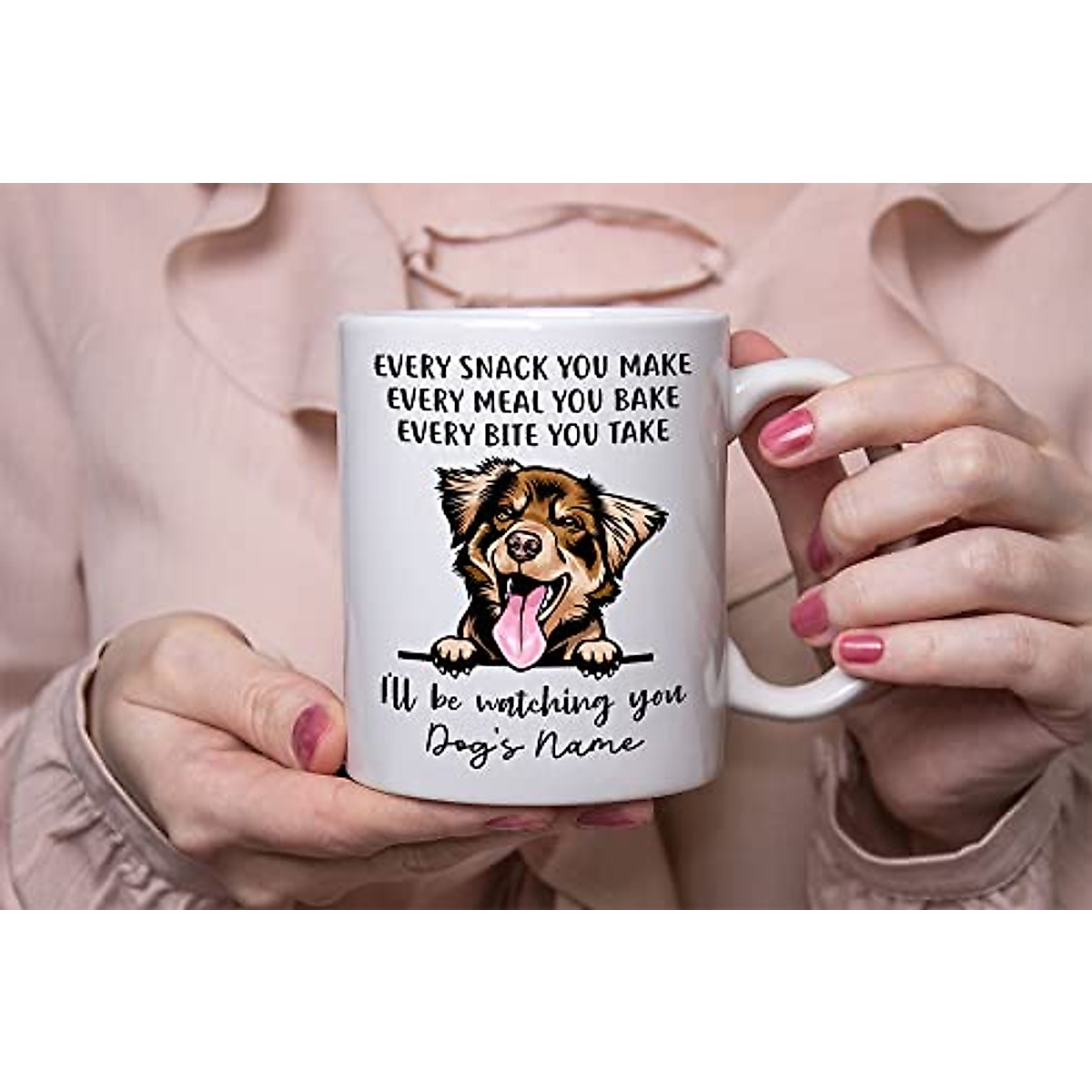 Personalized Red Tri Australian Shepherd Coffee Mug, Every Snack You Make I'll Be Watching You, Customized Dog Mugs for Mom Dad, Gifts for Dog Lover, Mothers Day, Fathers Day, Birthday Presents