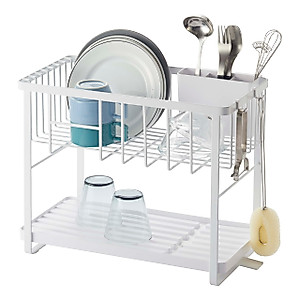 Yamazaki Home Two-Tier Adjustable Dish Drainer Rack, Compact Drying Rack with Hooks, Utensils Holder, Steel, Draining Spout, Water Resistant, No Assembly Req.