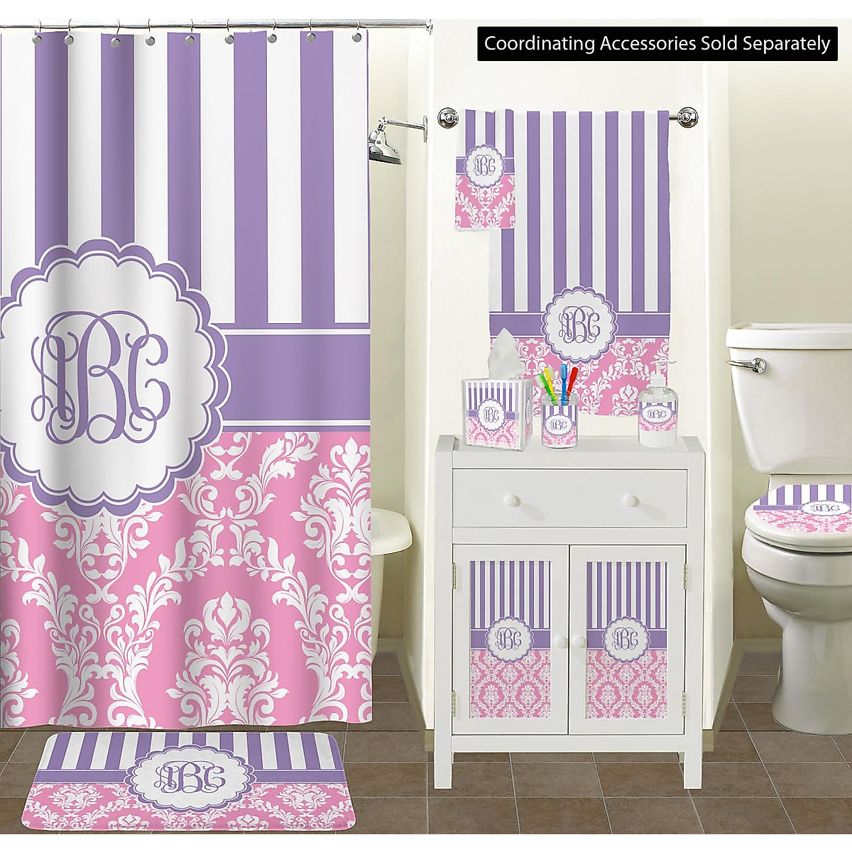 RNK Shops Personalized Pink & Purple Damask Waste Basket - Double Sided (White)