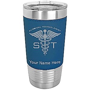 LaserGram 20oz Vacuum Insulated Tumbler Mug, ST Surgical Technologist, Personalized Engraving Included (Faux Leather, Blue)