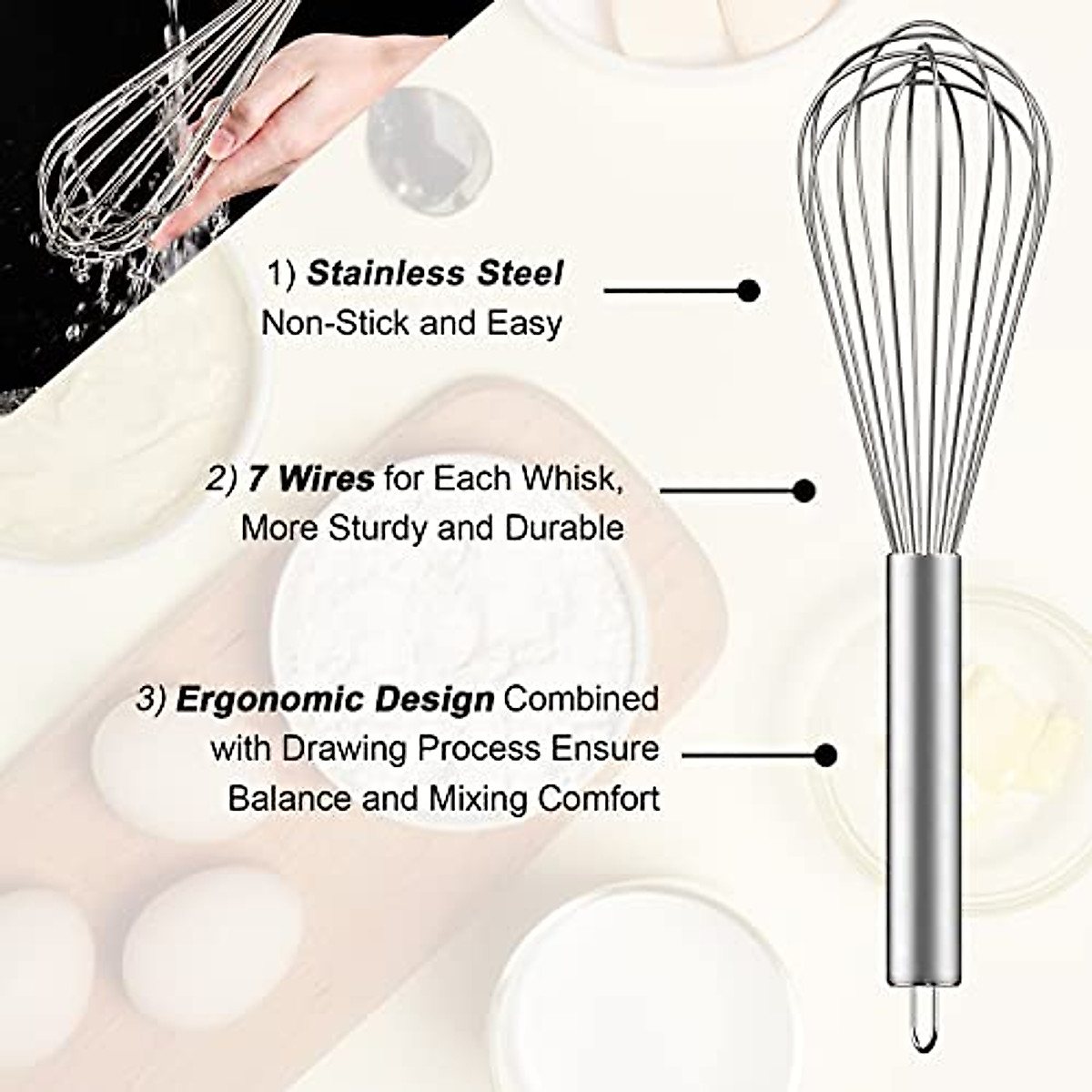 Ouddy Stainless Steel Whisk Set 8"+10"+12", Kitchen Whisk Balloon Whisks for Cooking Egg Beater Wire Wisk Wisking Tool for Blending Whisking Beating Stirring Baking