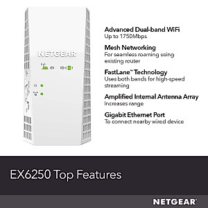 NETGEAR Wi-Fi Mesh Range Extender EX6250 - Coverage up to 2500 sq.ft. and 25 devices with AC1750 Dual Band Wireless Signal Booster & Repeater (up to 1750Mbps speed), plus Mesh Smart Roaming (Renewed)
