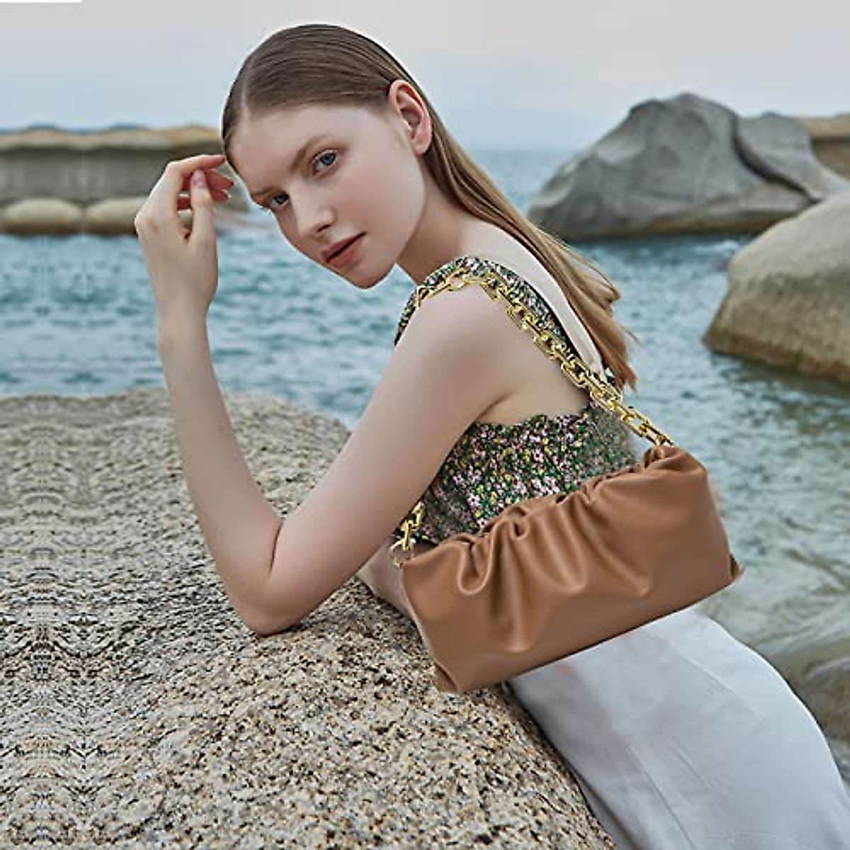 TUGONK Women's Designer Shoulder Bag Ruched Cluch Purse Dumpling Shoulder Bag Chain Pouch Bag for Women