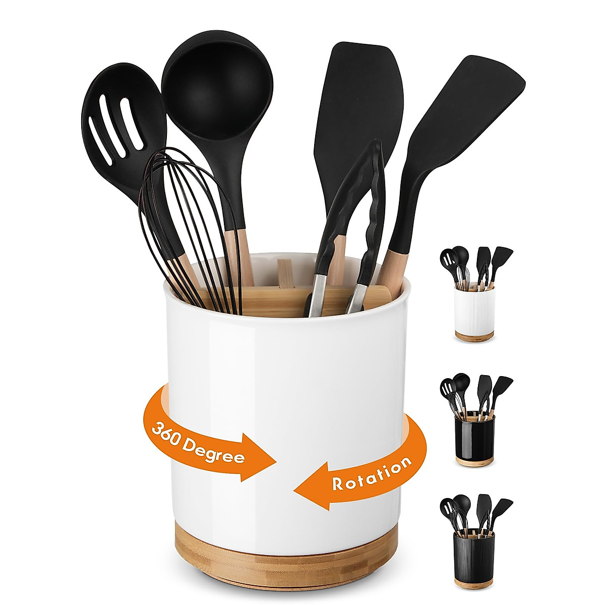 LoeJan 3 Compartment Utensil Holder, Extra Large Utensil Crock, Stable Ceramic Utensil Organizer, Cooking Tool Organizer Set for Kitchen Counter Farmhouse Decor (C-White(Grossy))