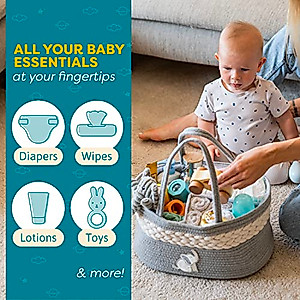 Cradle Star Diaper Caddy Organizer – Portable Baby Basket Diaper Storage Organizer with Compartments – Baby Diaper Caddy for Changing Table Nursery, Elephant Baby Shower Gifts - 100% Cotton Rope, Gray