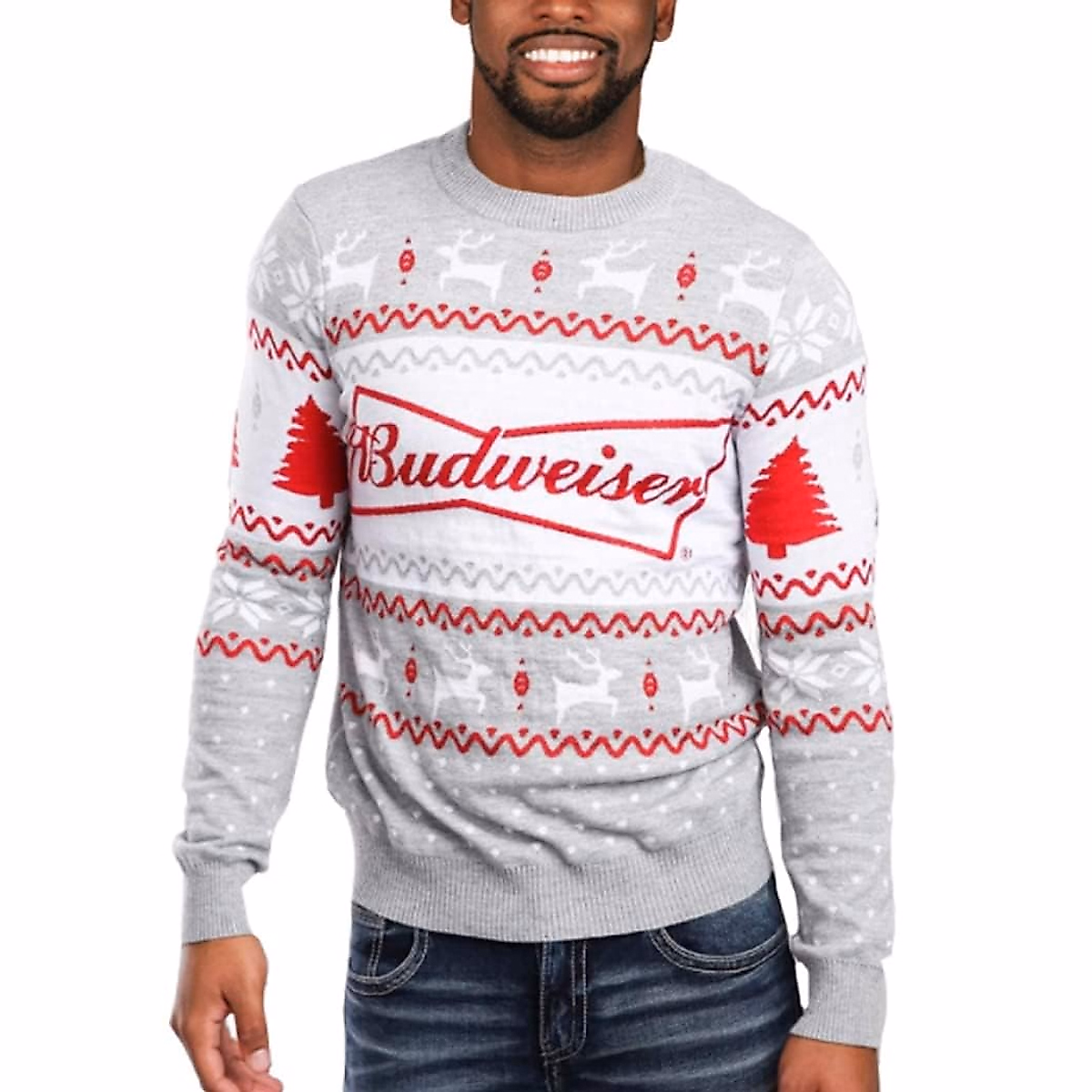 Tipsy Elves x Budweiser Funny Ugly Holiday Sweaters for Men - Grey Fair Isle Budweiser Pullover Size Small