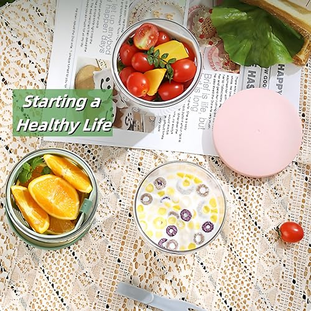 Koweea Fruit Containers for Fridge 20 oz Fruit Salad Storage Cup With lids and Fork Container with Strainer, Leakproof & Portable, Keep Fruit Fresh