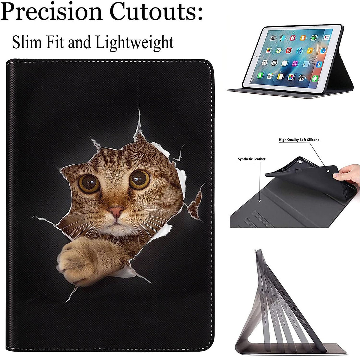 Case for iPad 9th / 8th / 7th Generation (2021/2020/2019) 10.2 inch/iPad Air 10.5" 2019 / iPad Pro 10.5", Leather Smart Cover with Auto Wake/Sleep, Funny Cat