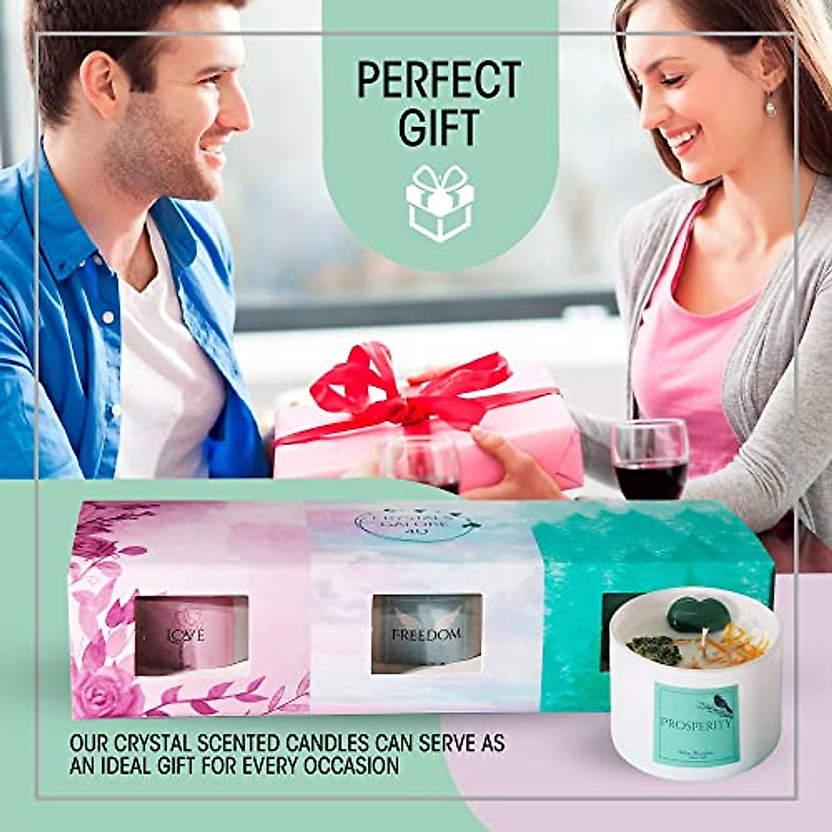 Crystals Galore 4U Healing Crystal Candles - Organic Candles with Pink Rose Quartz, Opal, & Green Aventurine Rose Scent, Lavender Vanilla Scent, Silver Mountain Scent Gift Set 20hrs Burning Time