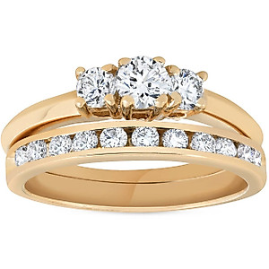 14k Yellow Gold 1ct Diamond Engagement Wedding Ring Set 3Stone Channel Set Round - Size 4.5