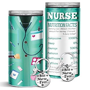 Didaey 4 Pcs Nurse Gifts Include 2 Pcs 16 oz Nurse Tumblers Nurse Nutrition Facts 4 in 1 Tumbler Can Cooler Cup Stainless Steel Insulated Nursing Mug and 2 Pcs Nurse Appreciation Keychain for Nurses