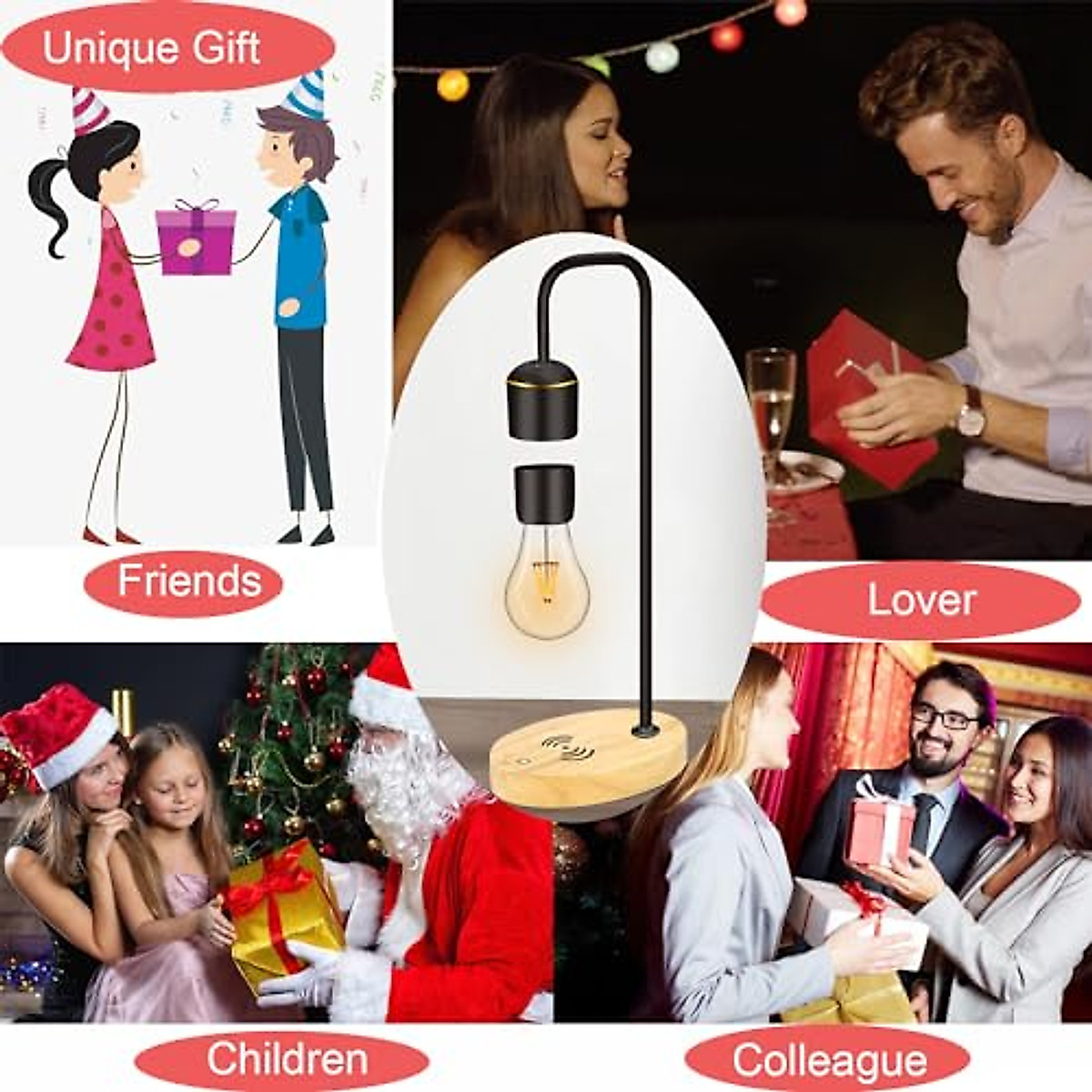 Floatidea Magnetic Levitating Light Bulb Levitation Real Wood Black Floating Desk Lamp LED Night Lights with Luxury Wireless Charging Pad (Apple/Android) for Christmas Gift