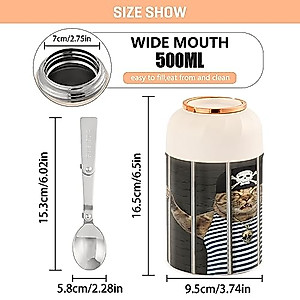 CUPADA Pirate Cat Funny Food Jar, Skull Cap Cute Insulated Hot Food Jars Vacuum 17OZ with Folding Spoon for Work Trip Picnic Camping