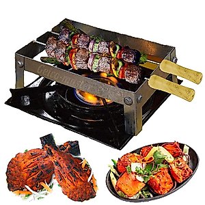 GEICO-MASTER Nano Portable Folding Outdoor Barbeque Charcoal & Gas BBQ Grill Oven GI Steel + 2 Nos of BBQ Still Needles with Wooden Handle(Kitchen Tools/Chhota Tandoor Stand)
