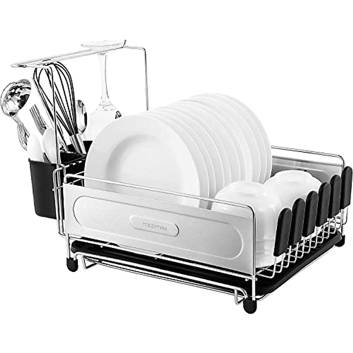 happimess DSH1000A Compact 17.25" Fingerprint-Proof Stainless Steel Dish Drying Rack, Dish Rack with Wine Glass Holder, Utensil Holder, Stainless Steel/Black, Silver/Black