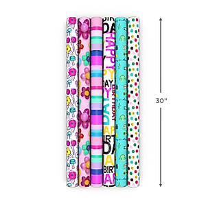 Hallmark Birthday Wrapping Paper Rolls - Flowers, Stripes, Pink, Teal and Black Polka Dots Gift Wrap Paper (Set of 6 Rolls: 180 sq. ft. ttl.)