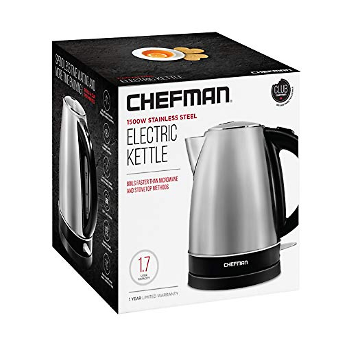 Chefman Stainless Steel Electric Kettle Quickly Heats Water, Separates from Base for Cordless Pouring, Auto Shut Off Boil Dry Protection, BPA-Free Interior & Cool-Touch Handle, 1.7 Liter/1.8 Quart