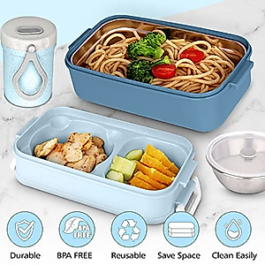 Homnoble Bento Box Adult Lunch Box, Bento Box for Kids Adult Leakproof BPA-Free 3 Compartment Lunch Box Container 4 in 1 Meal Prep Container Dishwasher SafeMicrowave Safe With Utensils & Bag, Blue