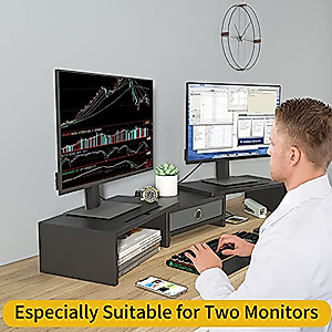 WESTREE Dual Monitor Stand Riser with Drawer, Monitor Stand Riser for 2 Monitors, Adjustable Length and Angle, 2 Solts for Phone & Tablet, Desktop Organizer Stand for Computer/Laptop/PC/Printer