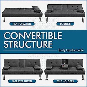 Yaheetech Linen Fabric Modern Sofa Bed Sectional Couch Bed Folding Recliner Sleeper Reversible Loveseat Convertible Daybed, 2 Cup Holders, 3 Angles, 772lb Capacity, Removable Armrests, Dark Gray
