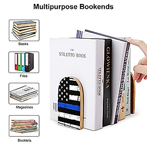 Hon-Lally American Blue Line USA Police Stars Flag Pattern Wood Bookends Decorative Bookend Non-Skid Office Book Stand for Books Office Files Magazine, One Size, Wood style