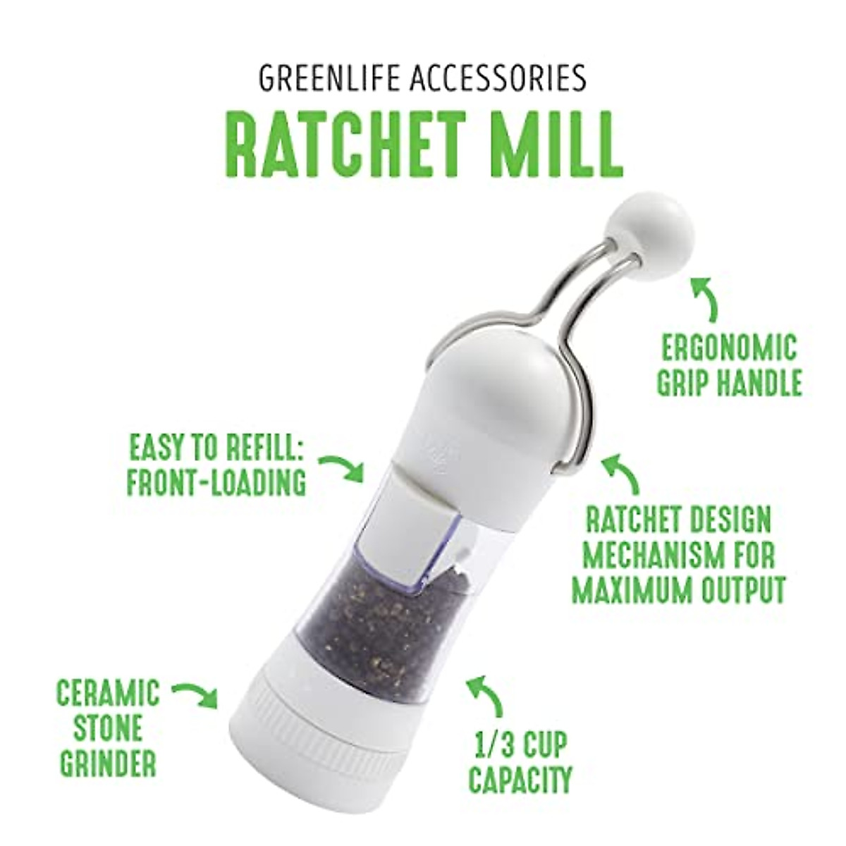GreenLife Salt and Pepper Grinder, Mess-Free Ratchet Mill, Adjustable Coarseness and Easily Refillable, White 1/3 Cup Capacity