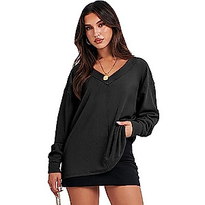 ANRABESS Women’s Casual Long Sleeve Sweatshirt V Neck Off Shoulder Shirt Loose Baggy Comfy Knit Pullover Sweaters Tunic Top 2023 Fall Clothes A1069heise-XL Black