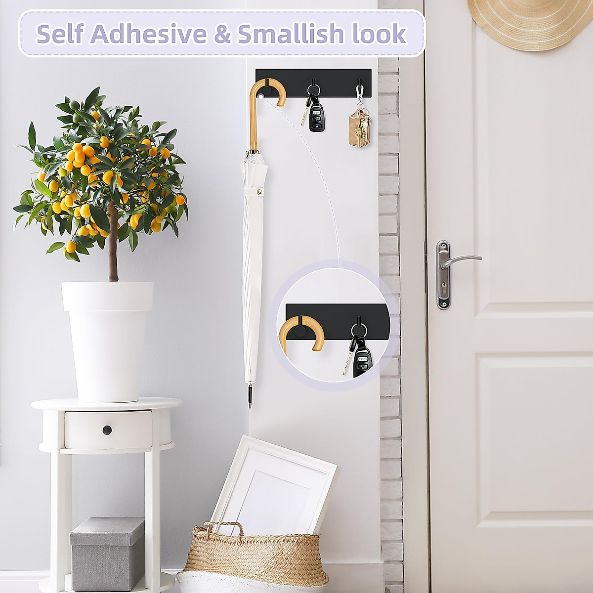 VIS'V Key Holder Wall Mount, Matte Black Self Adhesive Key Hanger Metal Small Key Rail with 3 Key Hooks Key Rack Keychain Holder with Extra Adhesive for Entryway Hallway Doorway Camper