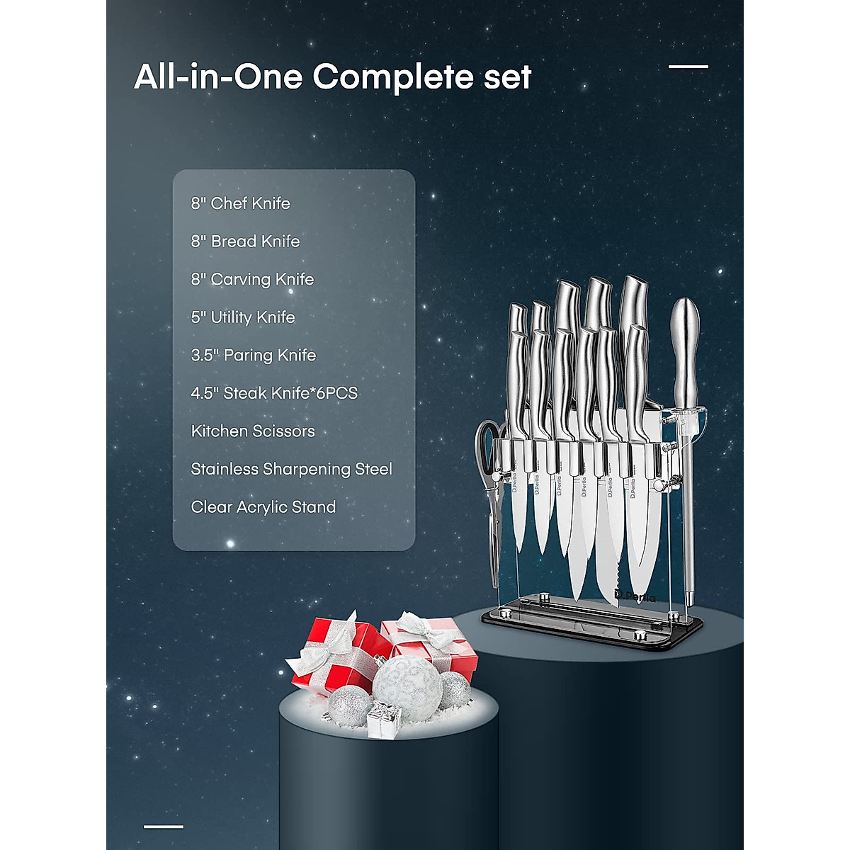 D.Perlla Knife Set, 14 Pieces Kitchen Knife Set with Clear Acrylic Knife Holder, Stainless Steel Super Sharp Chef Knife with Hollow Handle in One Piece Design