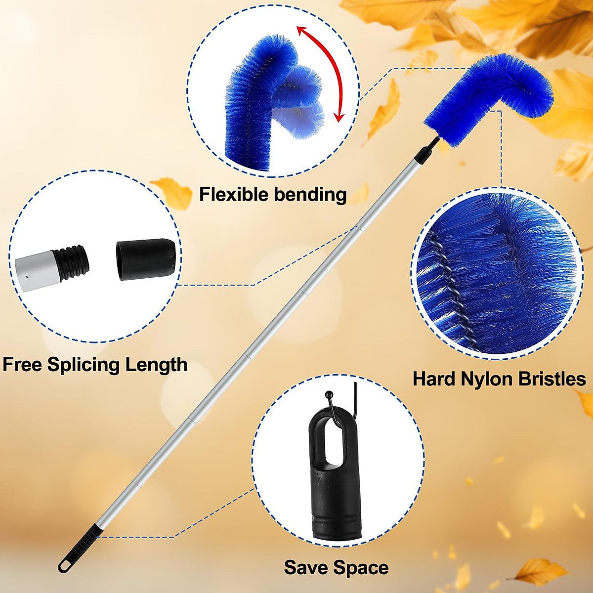 Layhit Gutter Cleaning Brush Extendable Guard Cleaner Tool with 6 Pcs Aluminum Extension Pole Long Splicing Gutter Cleaning Tools from the Ground for Easy Removing Leaves and Debris Cleaner (Blue)