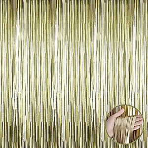 HalloweenDecorate 4 Pack Light Gold Foil Fringe Curtain Backdrop, 3.28Ft x 9.84Ft Metallic Tinsel Streamers Curtains for Party, Photo Booth Props, Birthday, 2022 Graduation Decoration Supplies