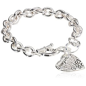 GUESS "Basic" Silver and Crystal Graffiti Heart Toggle Charm Bracelet