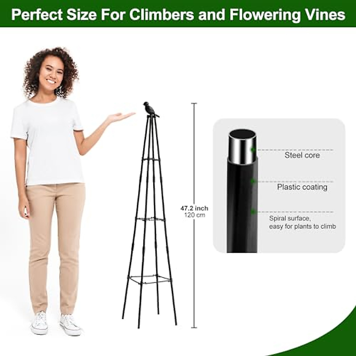 OTOSUNNY Trellis for Climbing Plants, 4 ft Tall 4-Stake with 3-Tier Braces Plant Pot Trellis, Metal Rose Garden Trellis for Climbing Plants Outdoor Vegetable|Flower|Vine Potted Plants, 1 Pack, Black