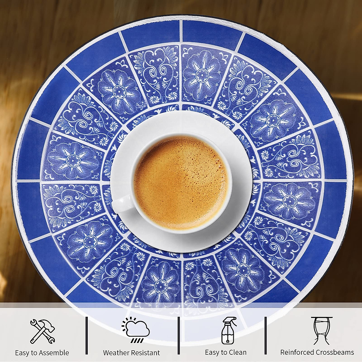 VCUTEKA Mosaic Outdoor Side Table - Small Patio Table Coffee Table Outside Accent Table Round End Plant Table for Bistro Balcony Porch Outdoor Benches 14'' Mosaic Table Blue