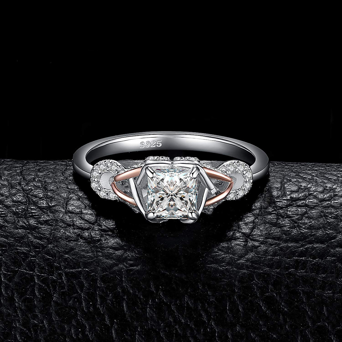 JewelryPalace Love Infinity Ring Engagement Rings for Women, 14K Rose Gold 925 Sterling Silver Cubic Zirconia Promise Rings for Her, Anniversary Knot Princess Cut Promise Ring Simulated Diamond Ring