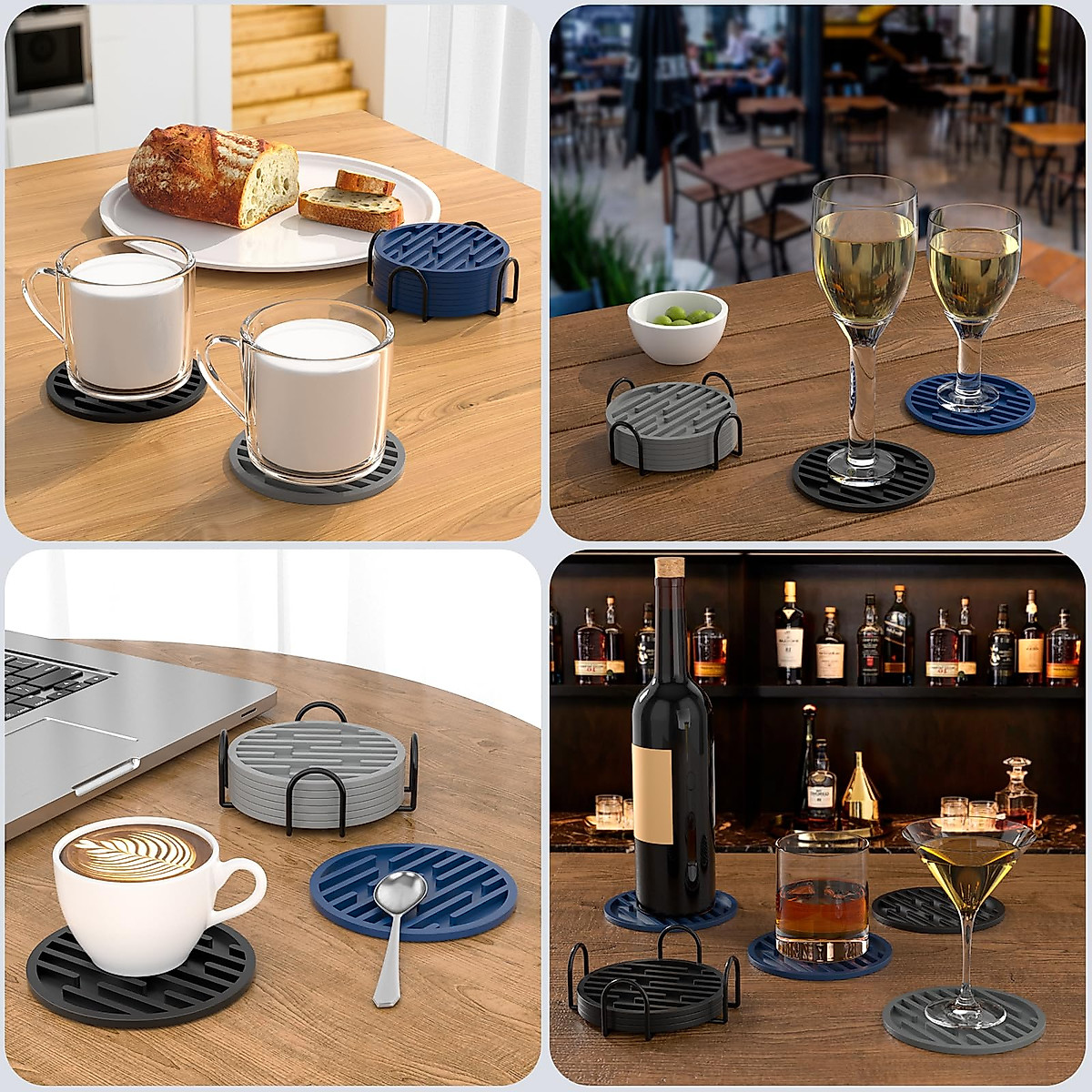 Silicone Coasters for Drinks, AUPTIM Drink Coasters Set of 6, Cup Coasters for Coffee Table, Cup Mat Drink Coasters for Tabletop Protection, Cool Home Decor, 4" Blue Coasters for Desk, Porta Vasos