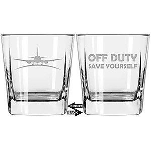 MIP Brand 12 oz Square Base Rocks Whiskey Double Old Fashioned Glass Two Sided Airplane Pilot Flight Attendant Off Duty Save Yourself