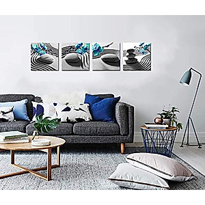 Nachic Wall 4 Piece Bedroom Wall Art Elegant Blue Phalaenopsis Orchids Pictures Massage Stone Canvas Prints Artwork Relaxation Zen Spa Decor for Bathroom Framed Ready to Hang (12"x12"x4)