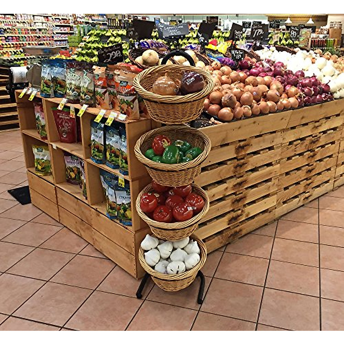 Mobile Merchandisers K1430-4B-MB 4-Tier 4 Round Willow Basket Display with Sign Frame and Sign Clips
