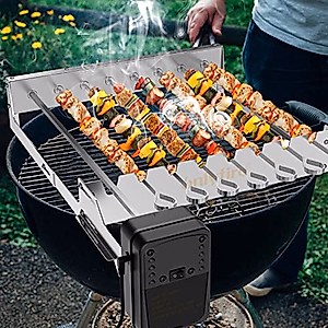 only fire Stainless Steel Electric Skewer Turner, Rotated Grilling Rack Shish Kabob Set with 7 Skewers and Dual-Purpose Rotisserie Motor