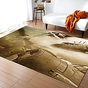 Area Rug, 4x6ft Fluffy Rugs for Living Room, Non-Slip Non-Shedding Shag Carpet for Bedroom Decor, Aircraft Battlefield Air War Area Rugs for Aesthetic Room Decor
