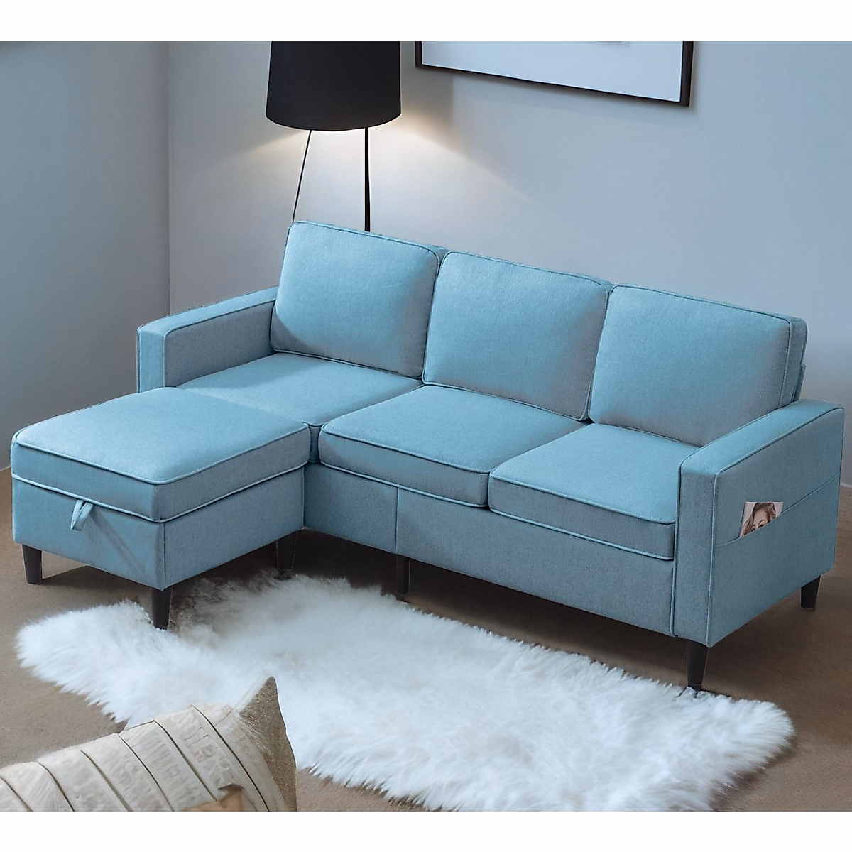 PUREMIND 78 Inches Convertible Sectional Sofa, Linen L-Shaped Sofa Couch with Reversible Storage Ottoman, Wooden Legs, 3-Seat Sectional Couches for Small Space, Apartment, Office (Blue)…
