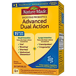 Nature Made Digestive Probiotics Advanced Dual Action, Dietary Supplement for Digestive Health Support, 30 Probiotic Capsules, 30 Day Supply