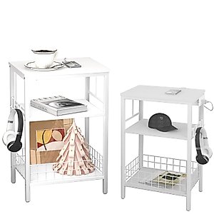 MOFAIN End Table with Charging Station and USB Ports, 3-Tier Table Shelf with Storage and Hooks, Side Table for Small Space in Living Room, Bedroom and Balcony (White,2)