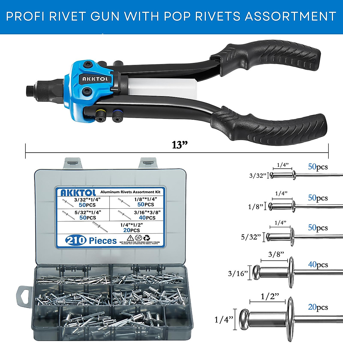 AKKTOL Rivet Gun Kit, 1/4" Pop Rivet Gun Kit with 210 Blind Rivets, Heavy Duty 13" Full Metal Rivet Gun Tool with 5 Nosepieces incl. 1/4", 3/16", 5/32", 1/8", and 3/32" for Metal, Gutter & Automotive