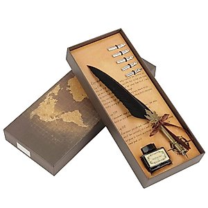 TOPINCN Fountain Pens, Handmade Dip Pen English Calligraphy Dip Quill Pen Writing Ink Set with 5 Replacement Metal Nibs and Pen Nib Base for Stationery(Black)