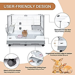 OIIBO Small Animal Cage for Rabbit,32" × 21" × 26" inch Foldable Rabbit Cage Hutch with Pull Out Tray and Caster Platform for Ferret Chinchilla