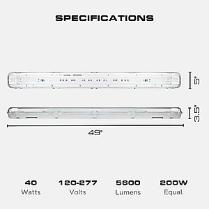 2 Lamp LED Vapor Proof Fixture 36W (100W Eq), 4700 Lm (130LM/w), 5000K (Daylight), UL & DLC, Clear Cover, Waterproof, IP65, 120-277v, Garage Lighting, Car Wash, Warehouse, Walk in Freezer