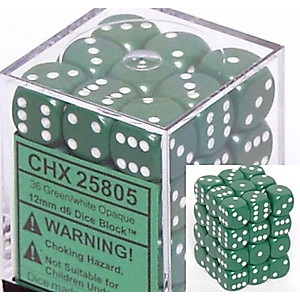 Chessex Opaque 12mm d6 Green w/White Dice Block 36 Dice